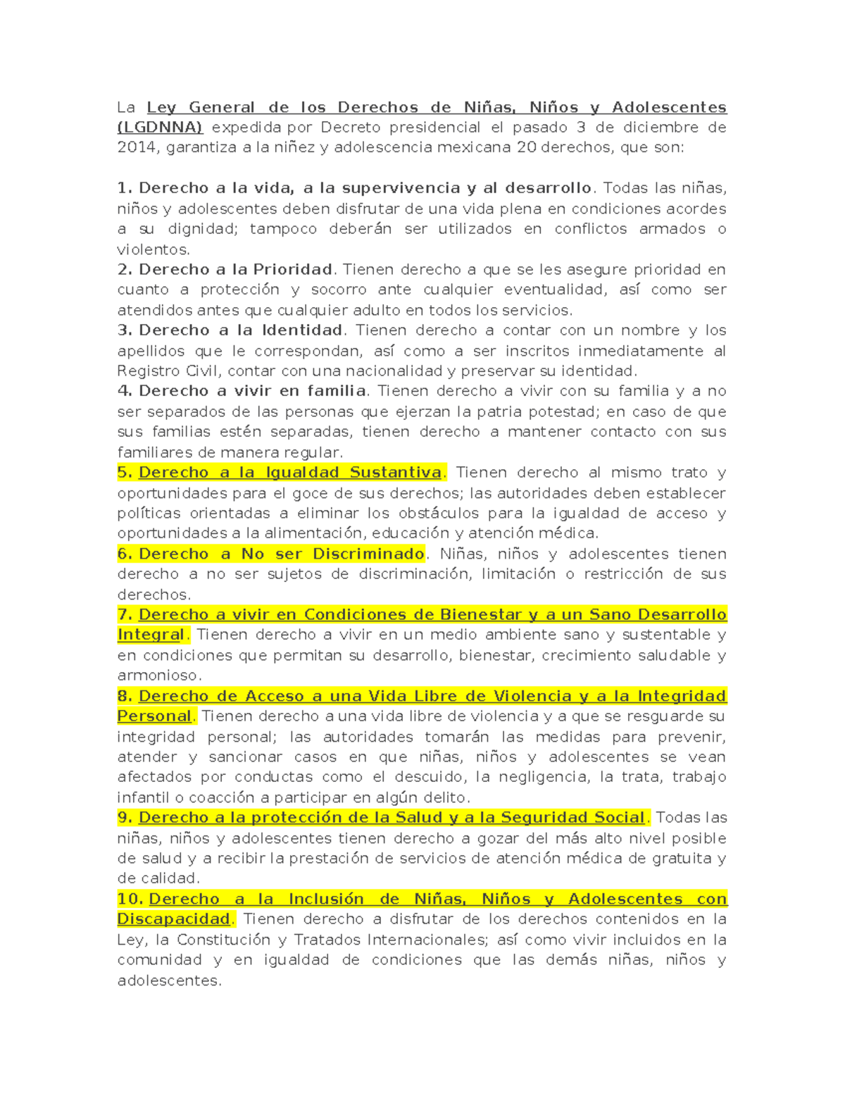 Derechos de Niñas, Niños y Adolescentes según la LGDNNA 2014 - Studocu