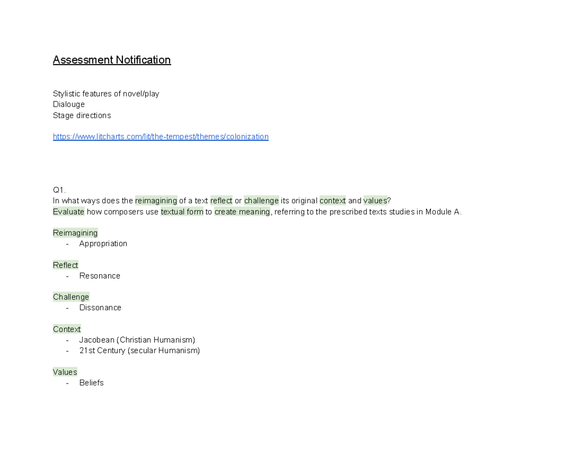 Assessment Notification: Reimagining Texts in The Tempest & Hag Seed ...