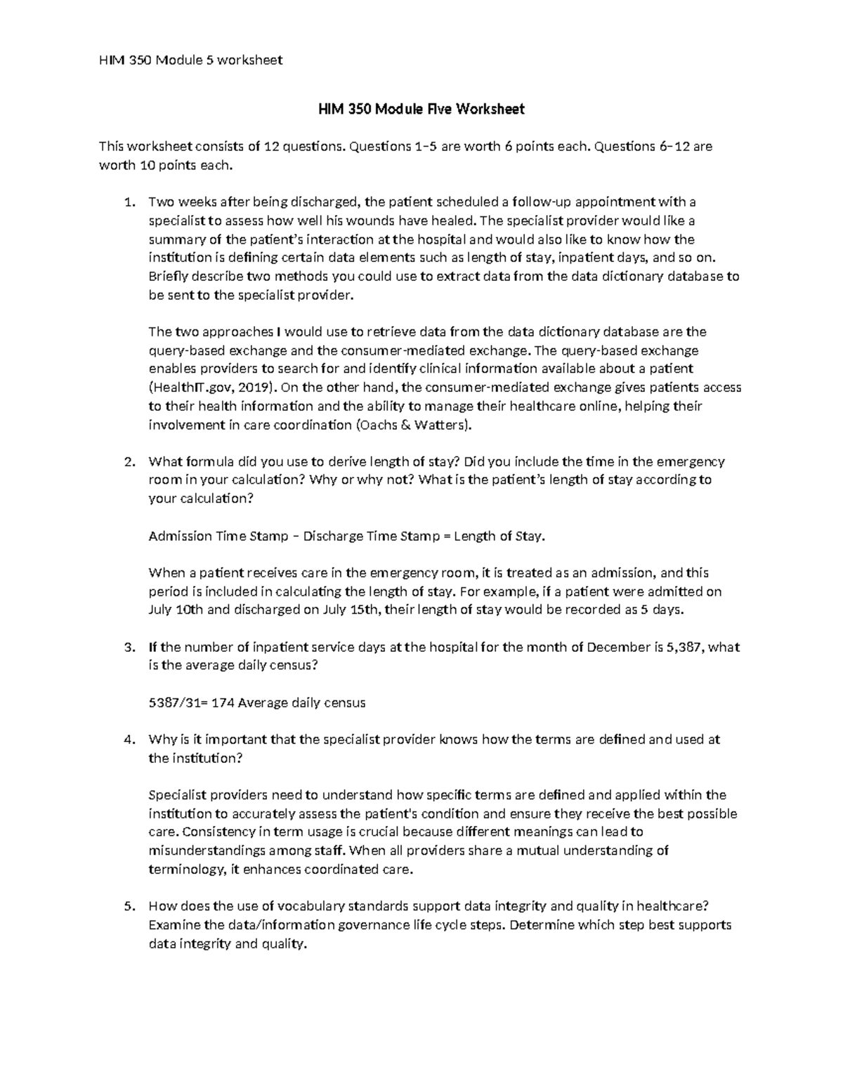 HIM 350 Module Five Worksheet - HIM 350 Module 5 worksheet HIM 350 Module Five Worksheet This ...