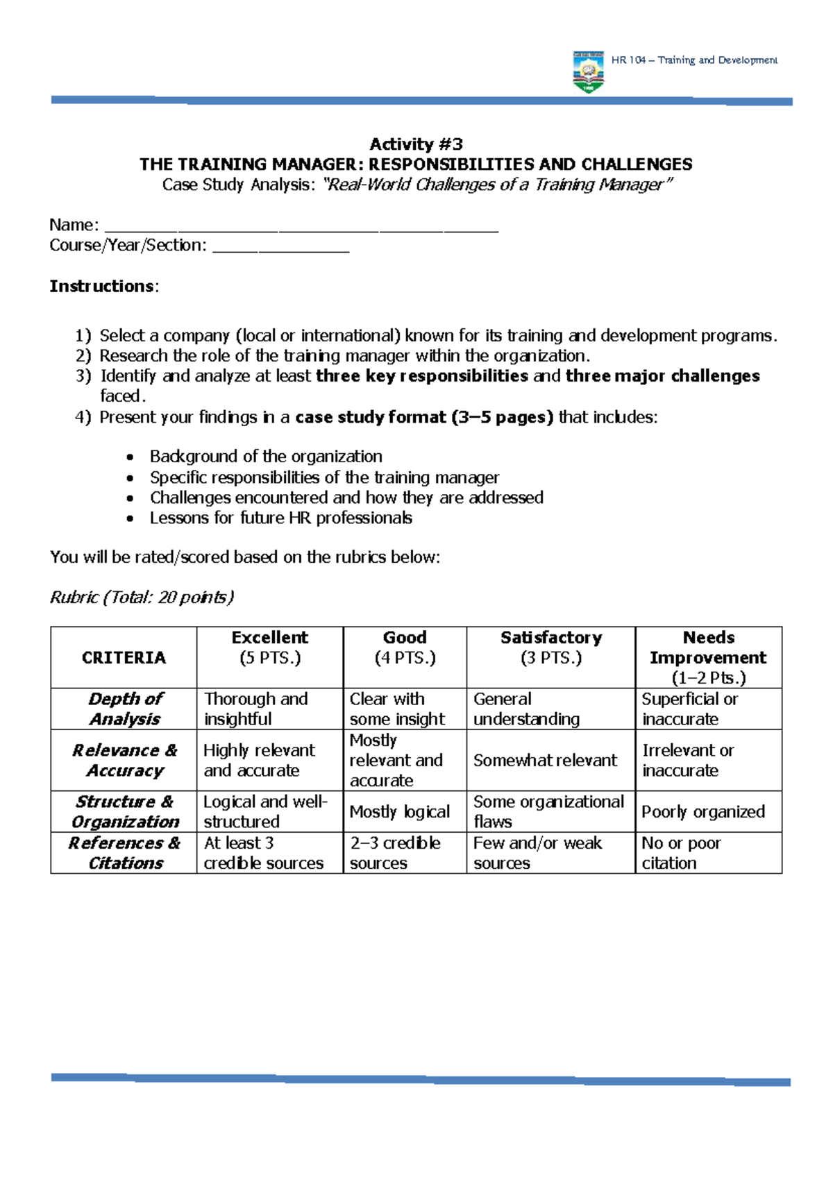 HR 104 Case Study: The Training Manager's Role & Challenges - Studocu