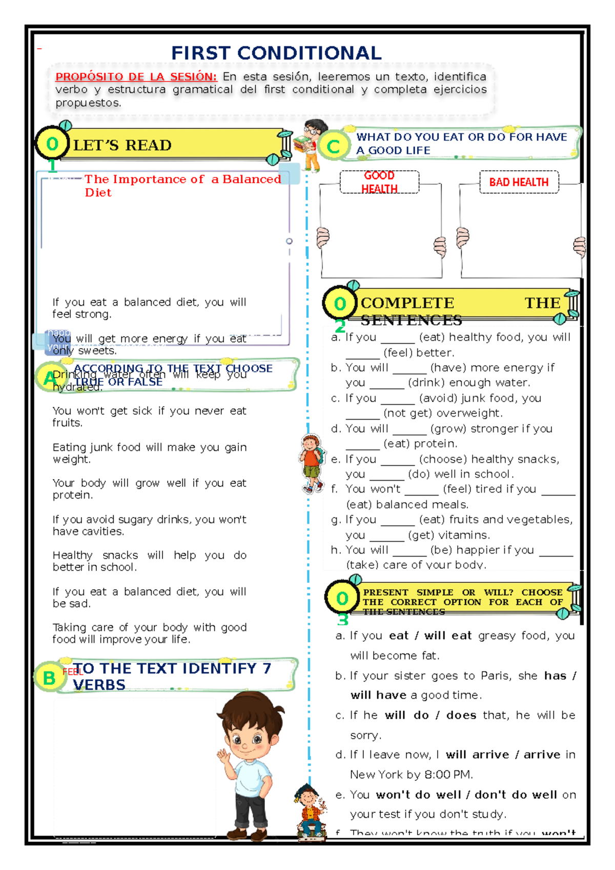 Ficha 01 SEM 01 JEC A1 First Conditional - 0 LET’S READ 1 A ACCORDING TO THE TEXT CHOOSE TRUE OR ...