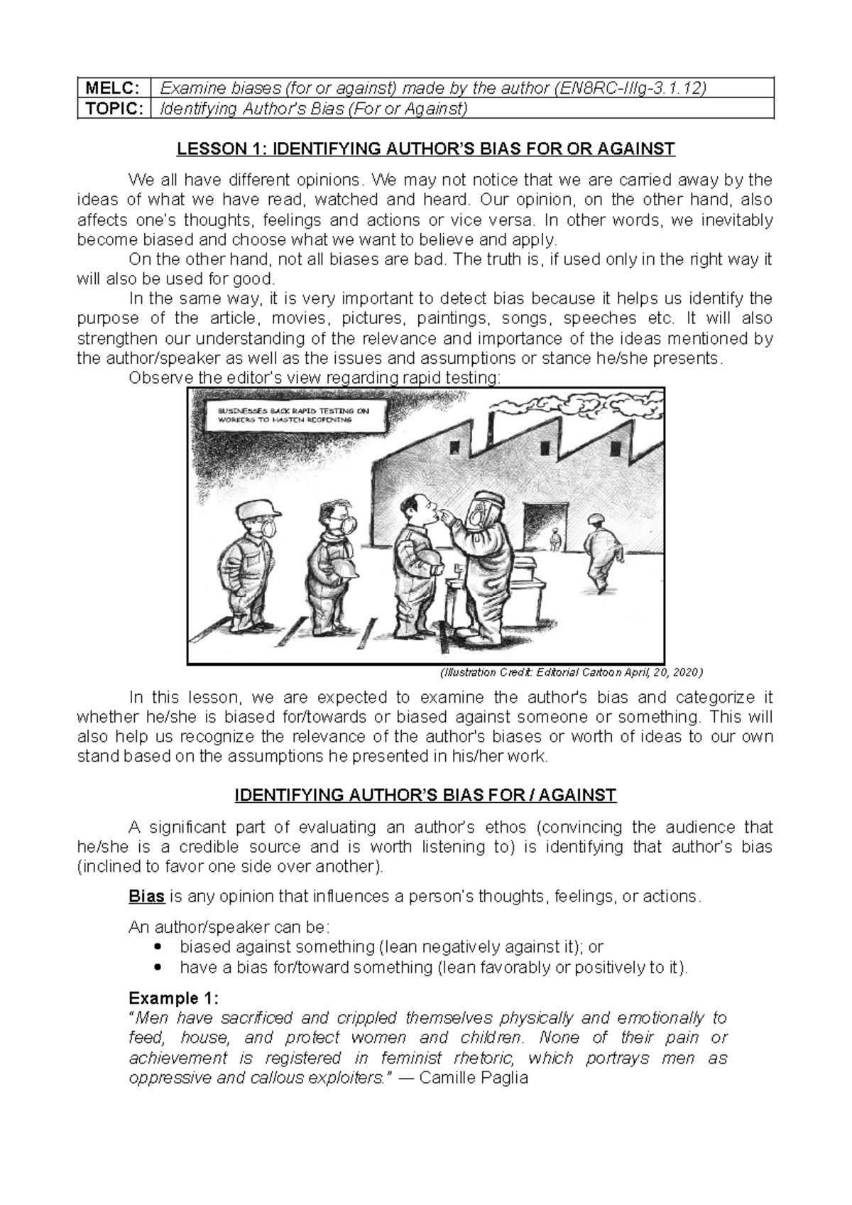 MELC: Identifying Bias in Media and Literature - Lesson 1 Analysis ...