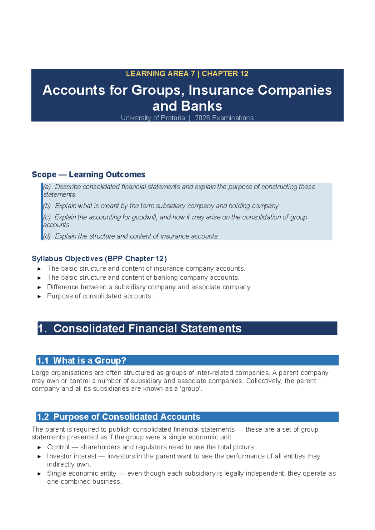 Chapter 12 Study Notes: Accounts for Groups, Insurance & Banks (UP 2026 ...
