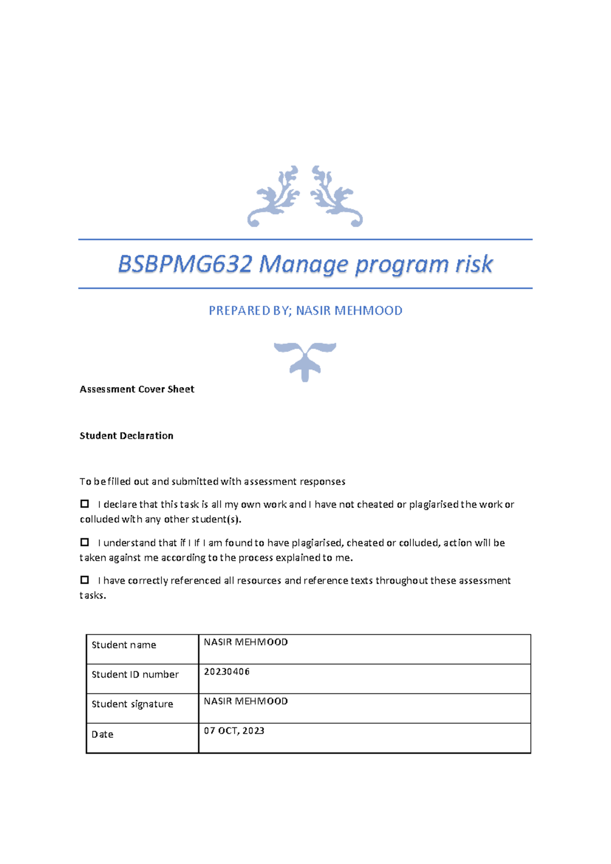 BSBPMG632 Manage Program Risk: Student Assessment Tasks Overview - Studocu