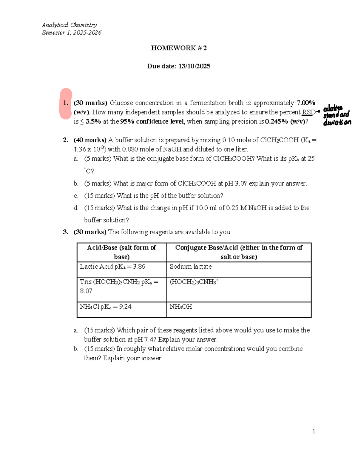 Analytical Chemistry 1: Homework #2 - Buffer Solutions & pH Calculations - Studocu