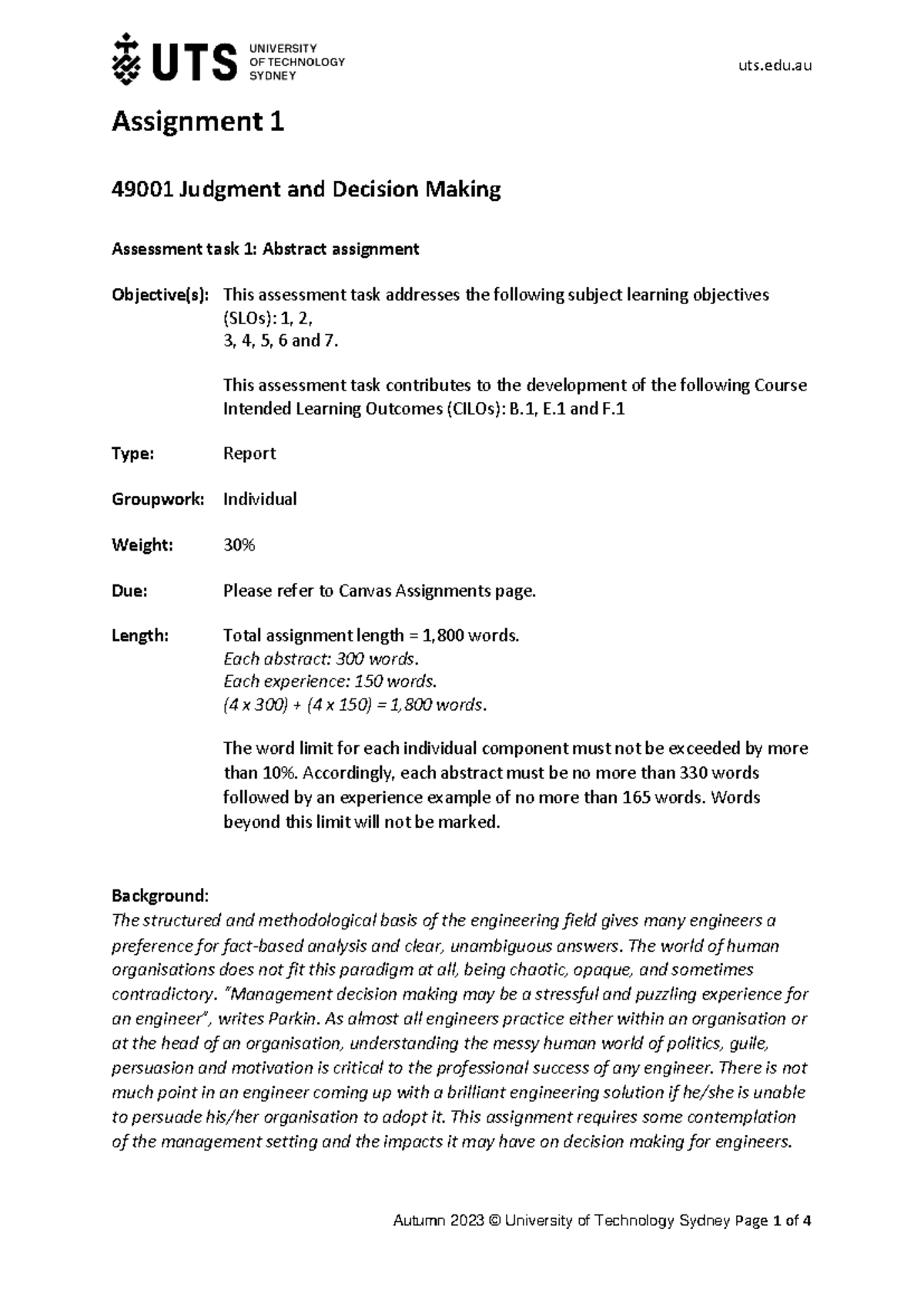 49001 Assignment 1 AU2023 - Assignment 1 49001 Judgment and Decision ...