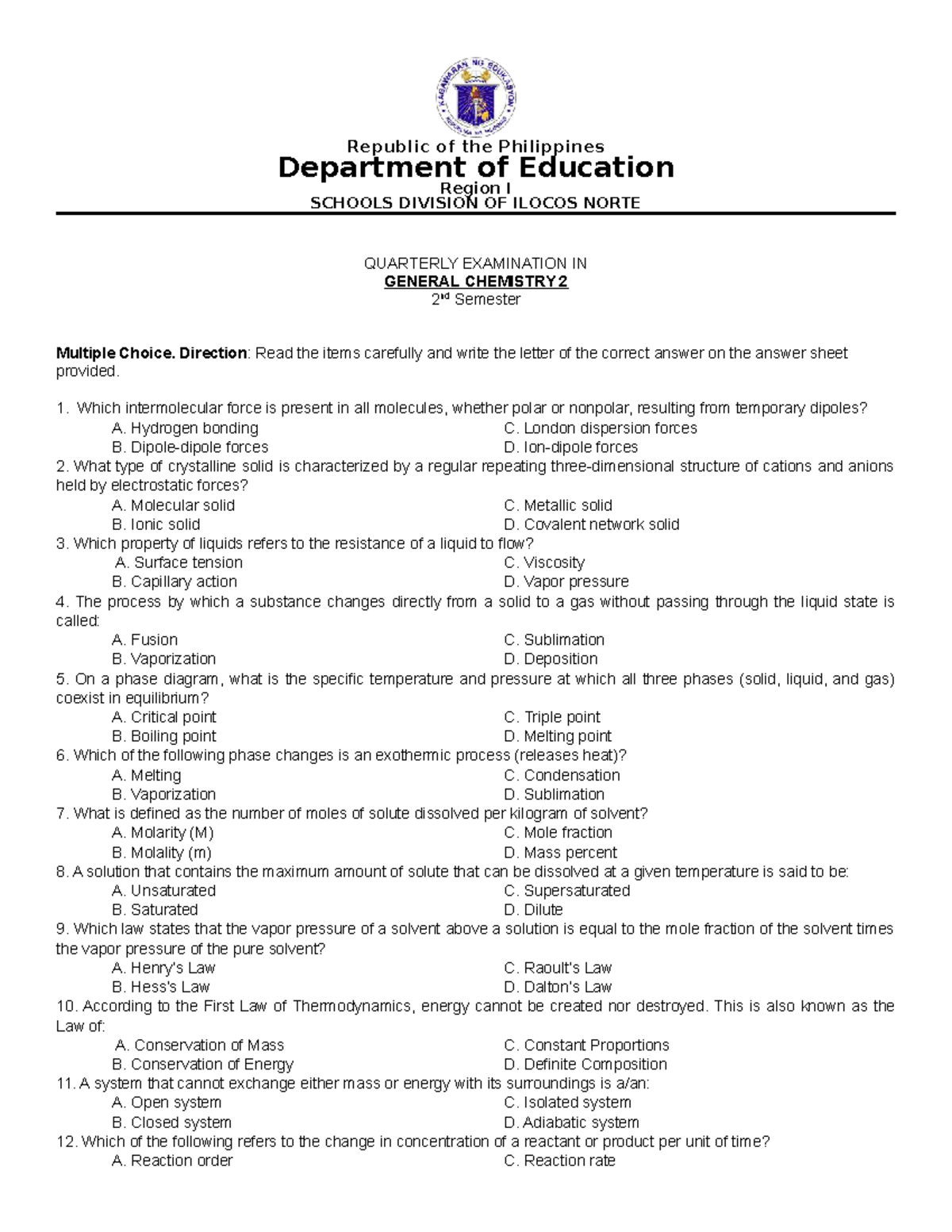 Gen Chem 2 Q3 Periodical Exam Review and Practice Questions - Studocu