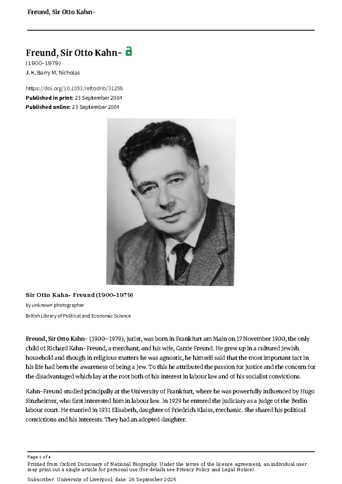 Professor Sir Otto Kahn Freund: A Legacy in Labour Law - Studocu