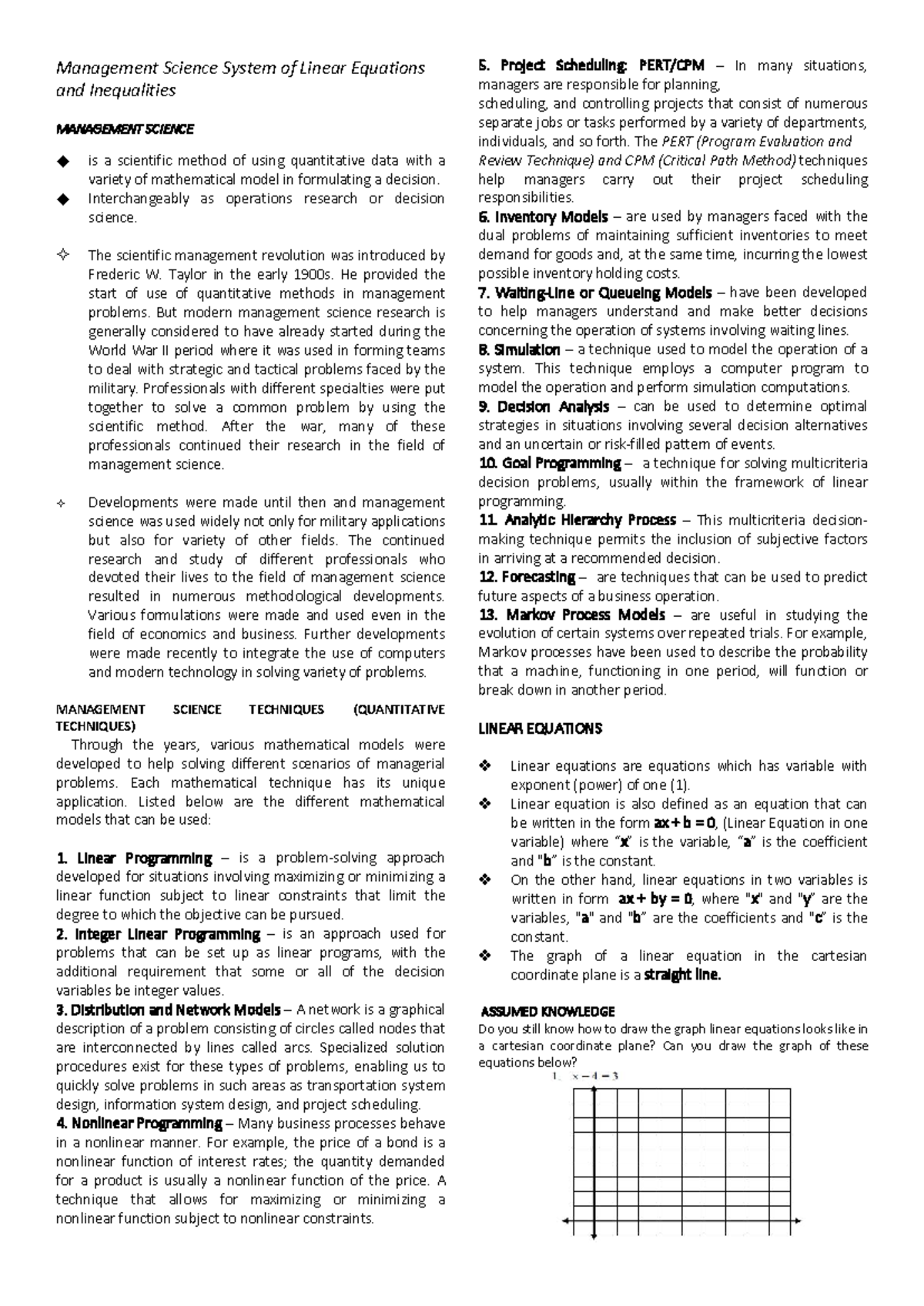 Ae3-ch1 - nnnnnbnn - Management Science System of Linear Equations and ...