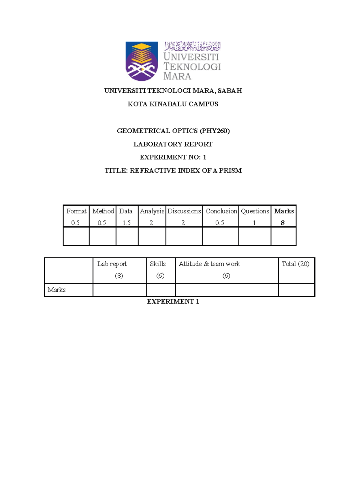 PHY260 LAB REPORT: DETERMINING REFRACTIVE INDEX OF A PRISM - Studocu