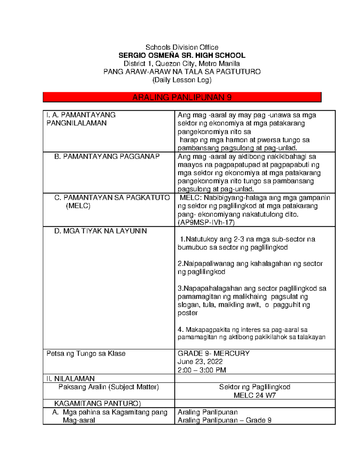 Daily Lesson Log: Sektor ng Paglilingkod (AP9) for Grade 9 Students ...