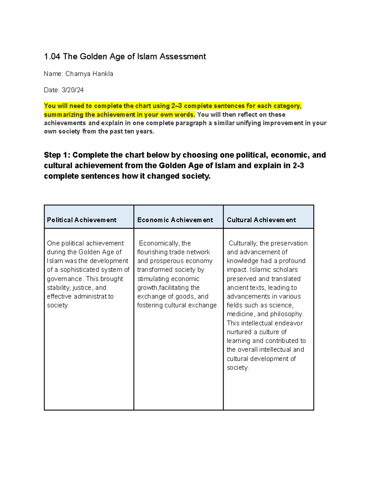 104the golden Age of Islam - 1 The Golden Age of Islam Assessment Name ...