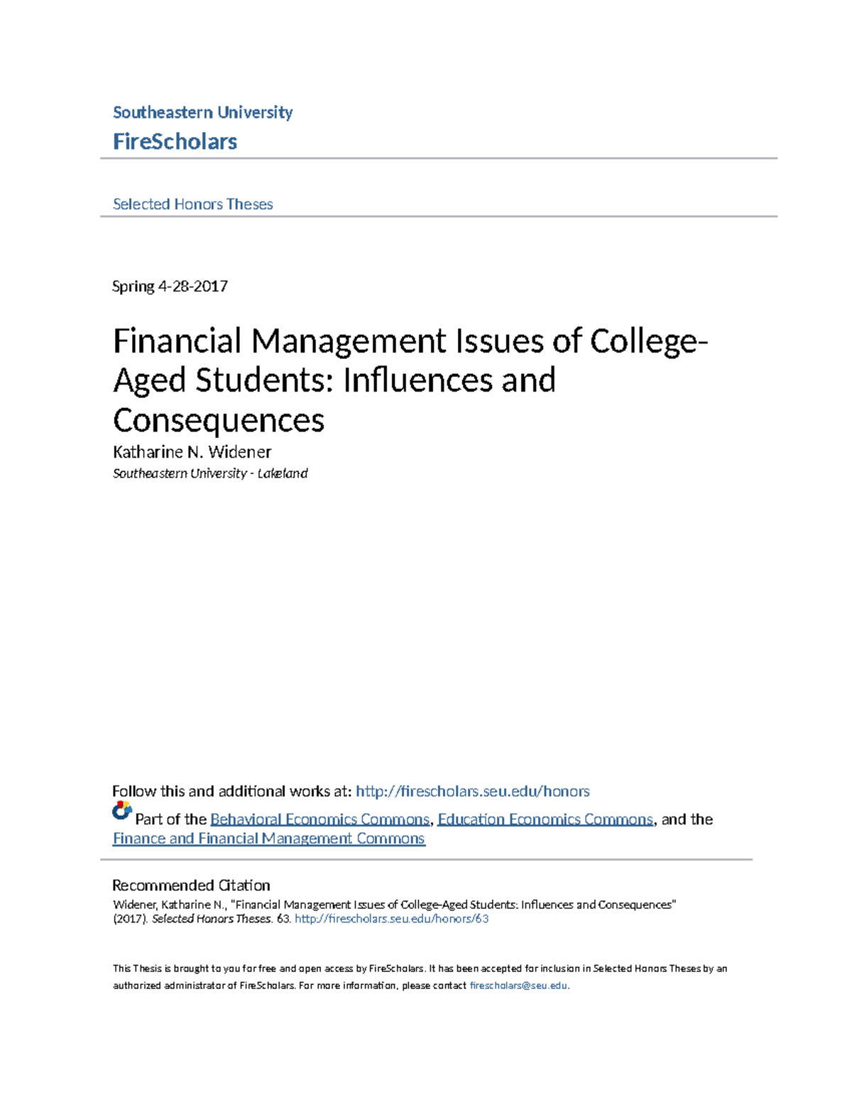 Financial Management Issues of College Students: Influences ...