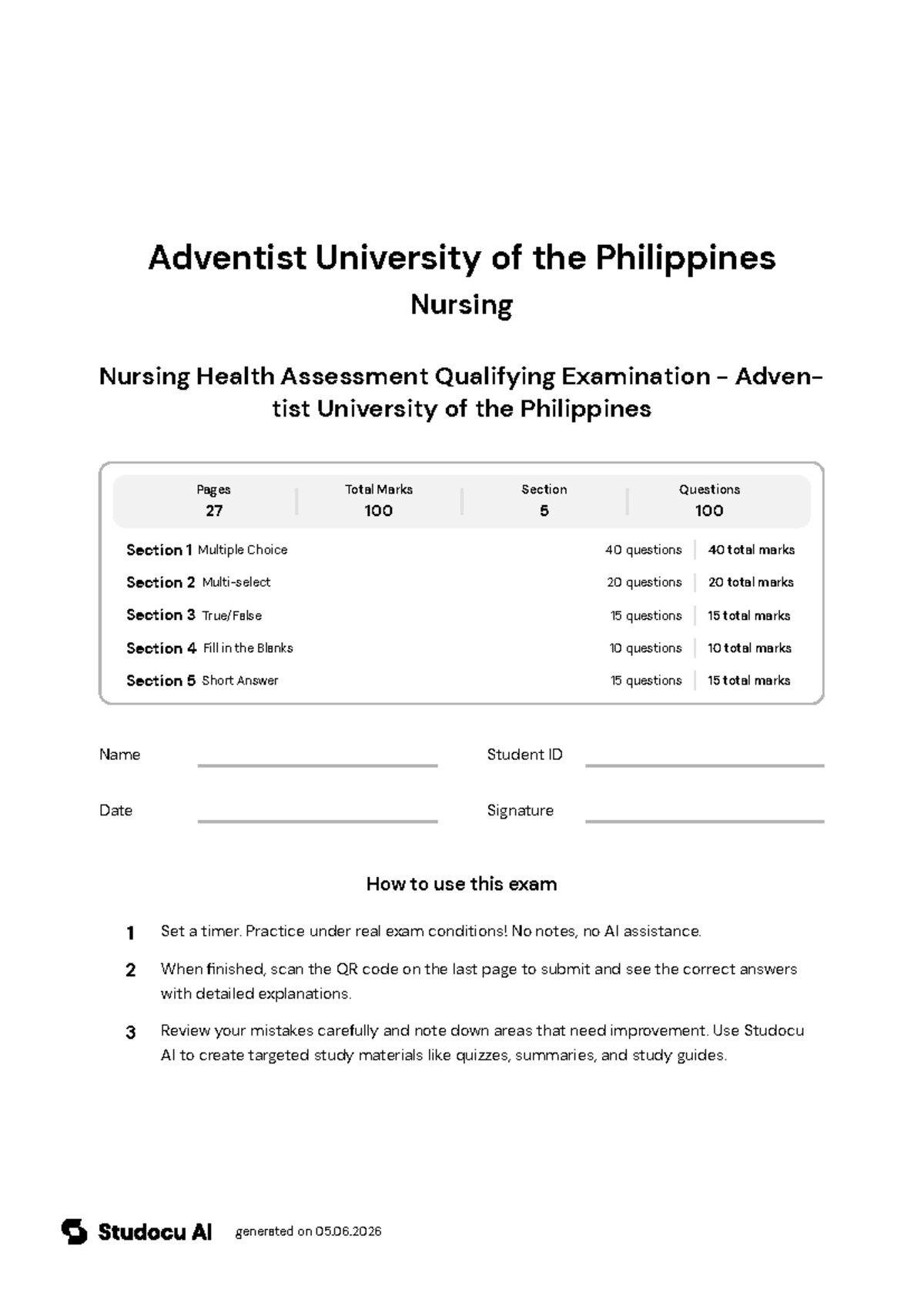 Nursing Health Assessment Qualifying Exam - AUP - Studocu