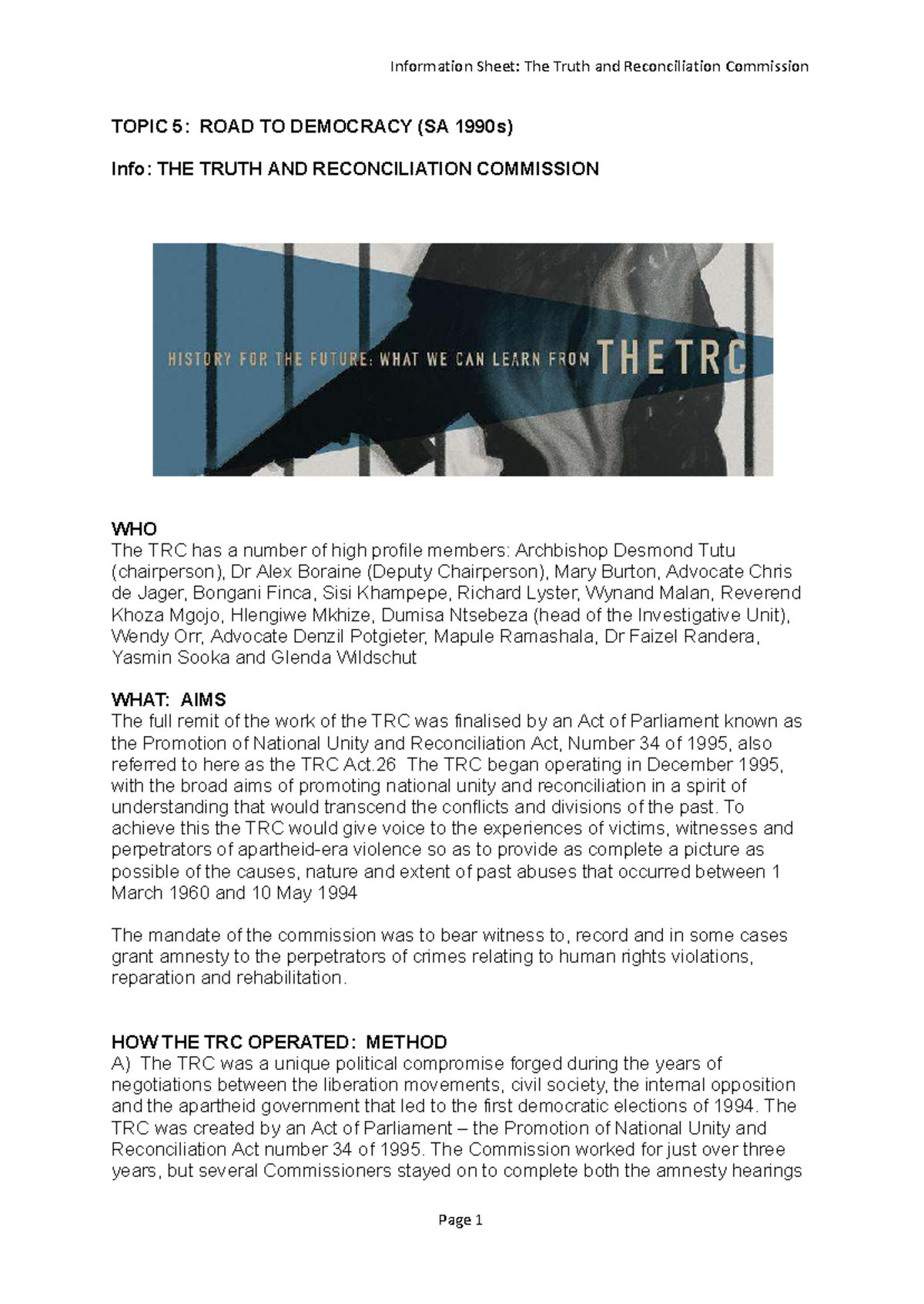 TRC Info Sheet: Road to Democracy in South Africa (SA 1990s) - Studocu