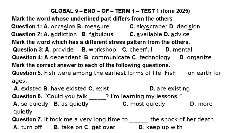 GLOBAL 9 END OF TERM 1 TEST 1 (Form 2025) with Answer Key - Studocu