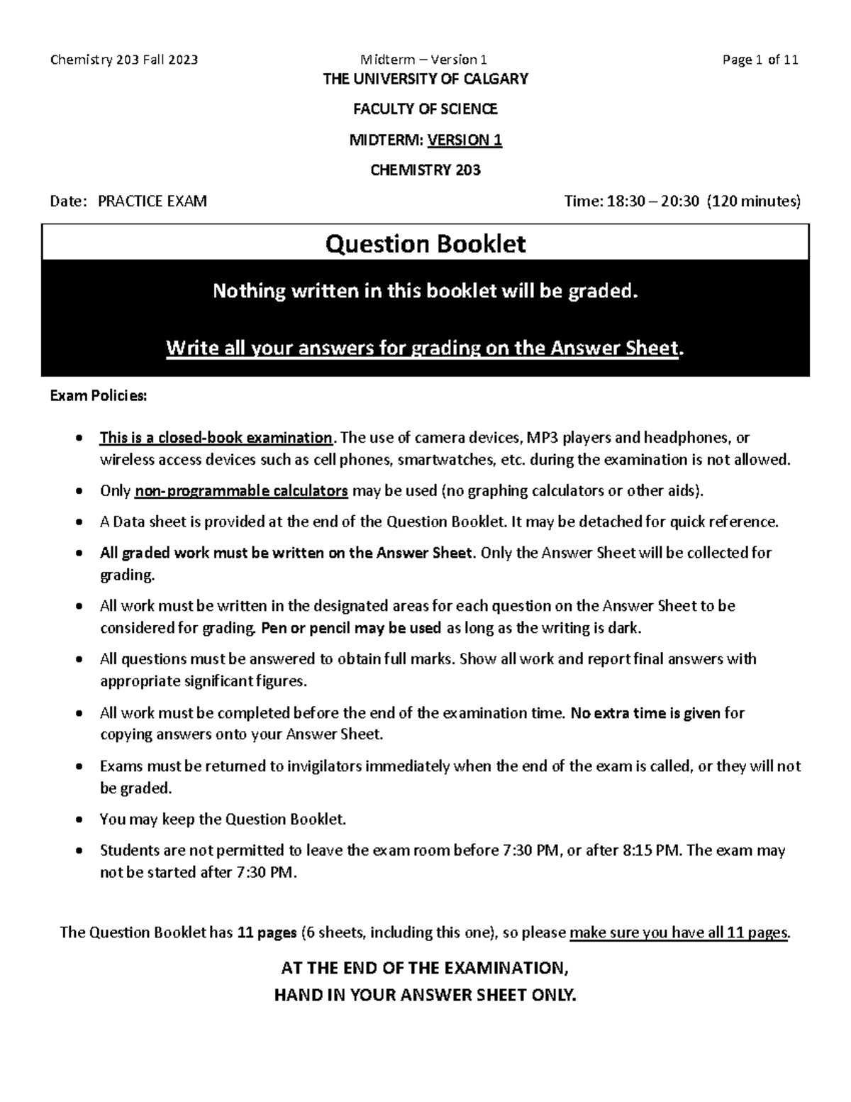 Chemistry 203 Fall 2023 Midterm Practice Exam Version 1 - Studocu