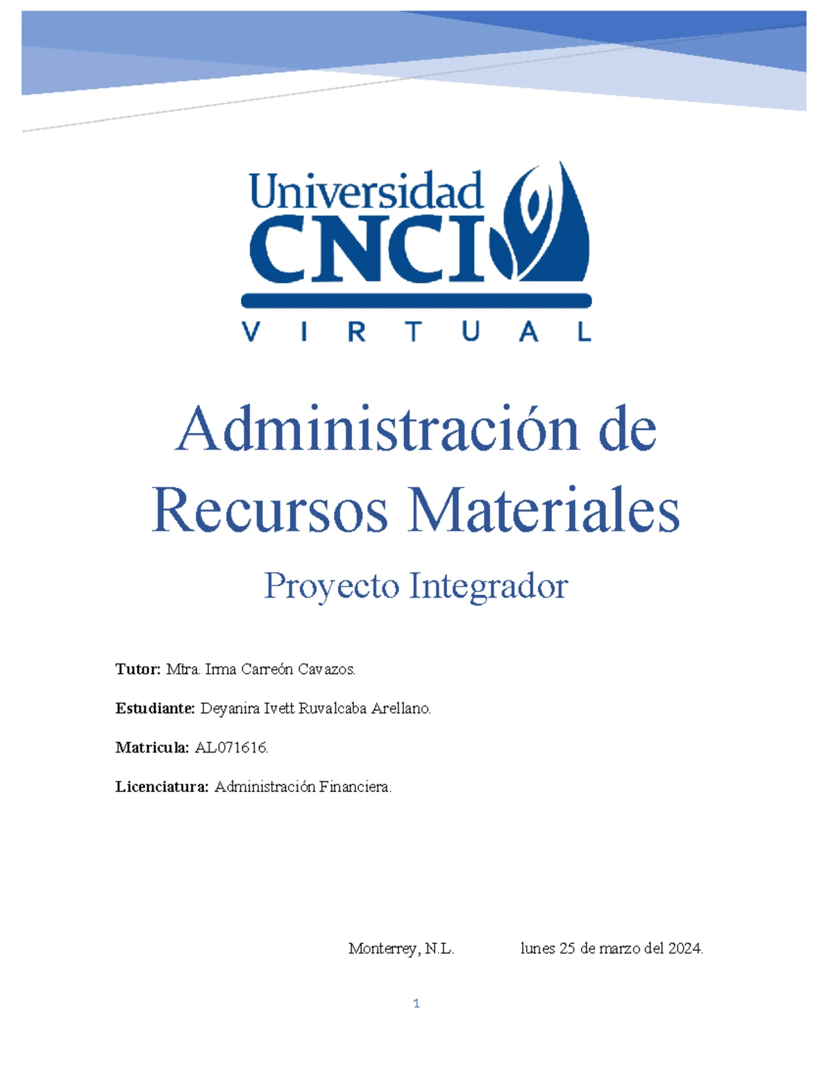 Proyecto Modular ADRM LU: Administración de Recursos Materiales - Studocu