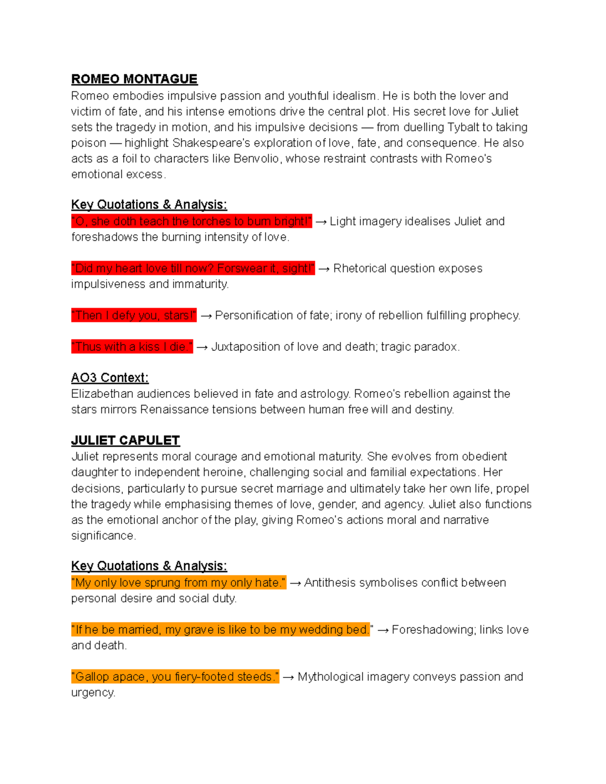 Romeo and Juliet Revision Notes: Character Analysis and Themes - Studocu