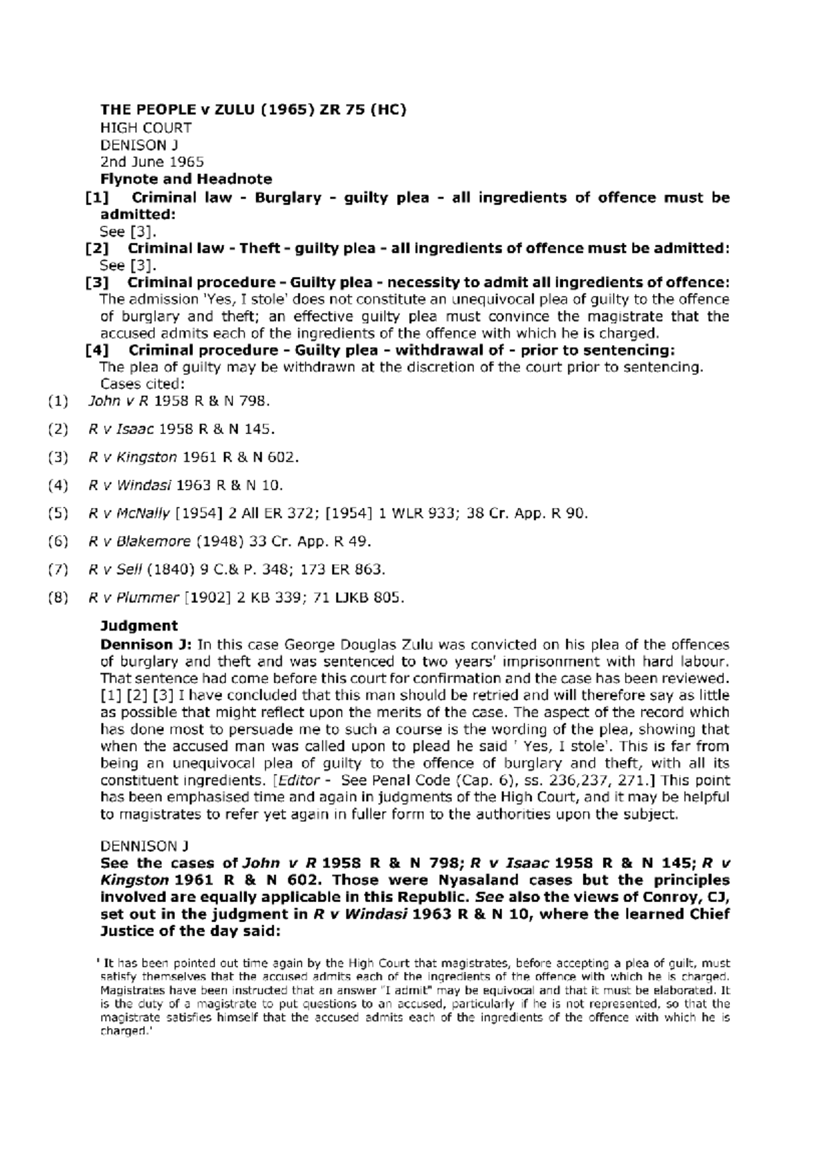 People v Zulu (1965) ZR 75: High Court Ruling on Guilty Pleas - Studocu