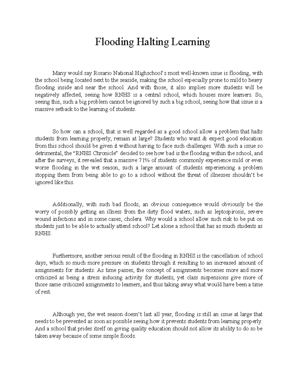 RNHS Case Study: Impact of Flooding on Student Learning - Studocu