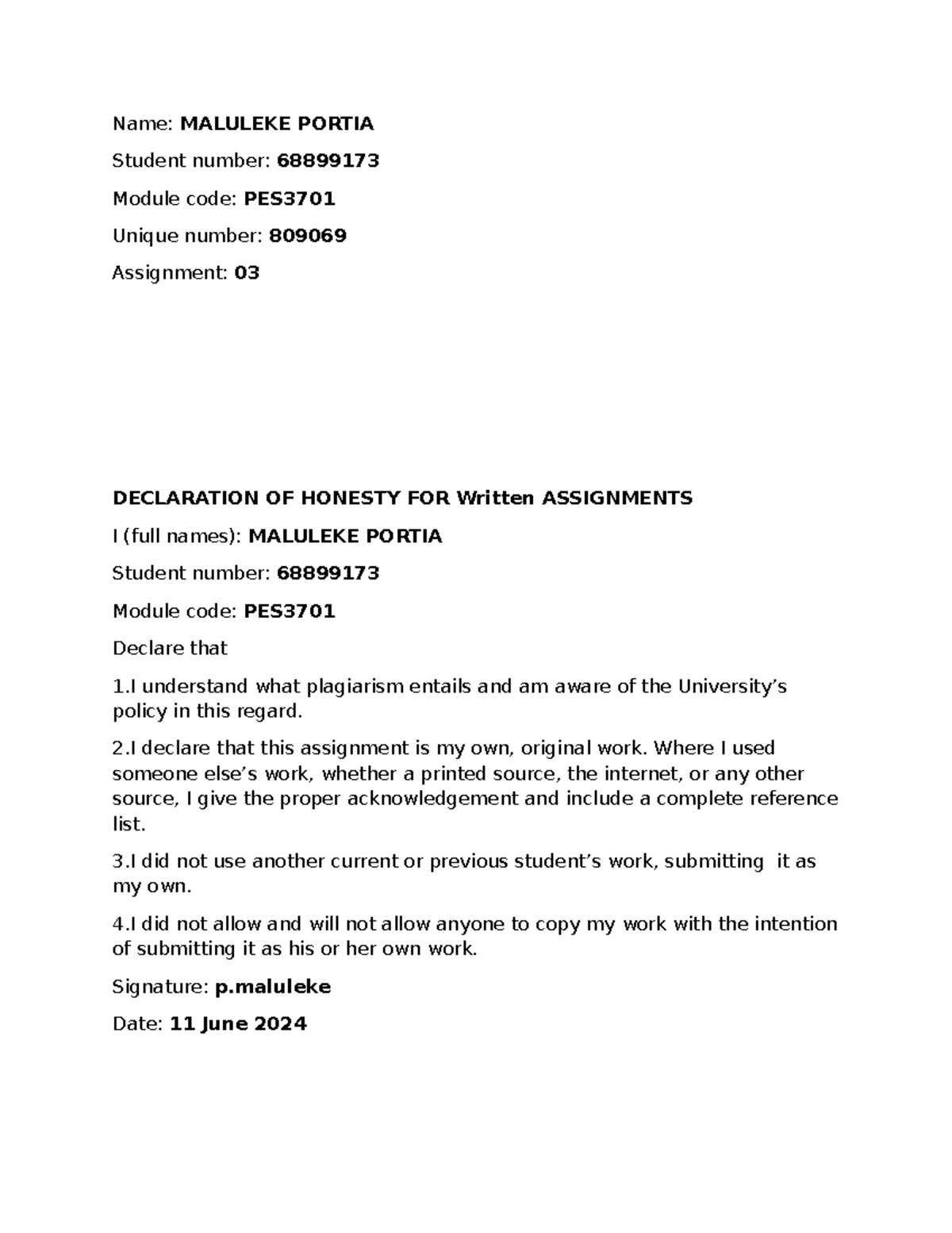 PES3701 Assignment 03: Declaration of Honesty & Reflective Essay - Studocu