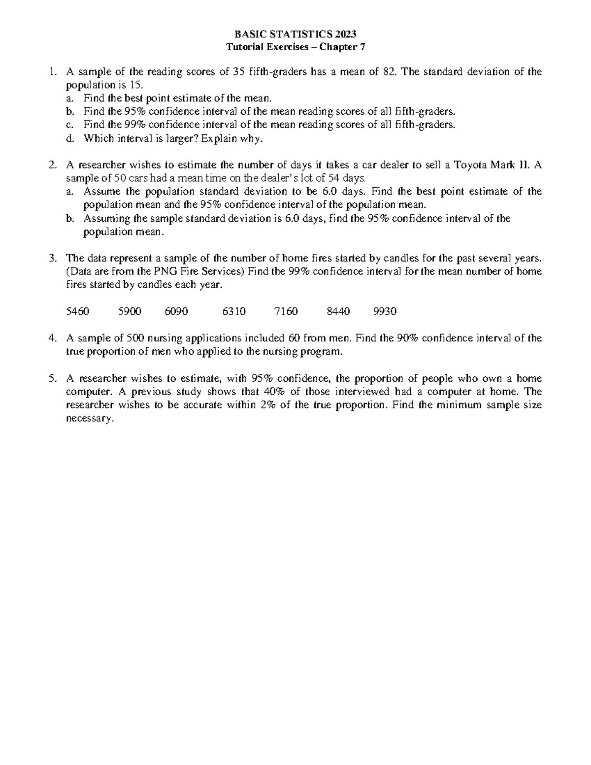 BASIC STATISTICS 2023: Chapter 7 Tutorial Exercises & Solutions - Studocu