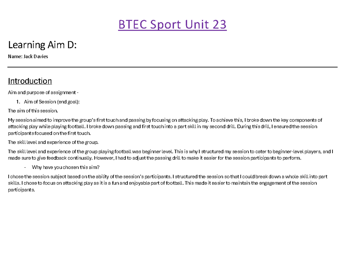 BTEC Sport Unit 23 C-D: Session Planning & Evaluation for Football ...