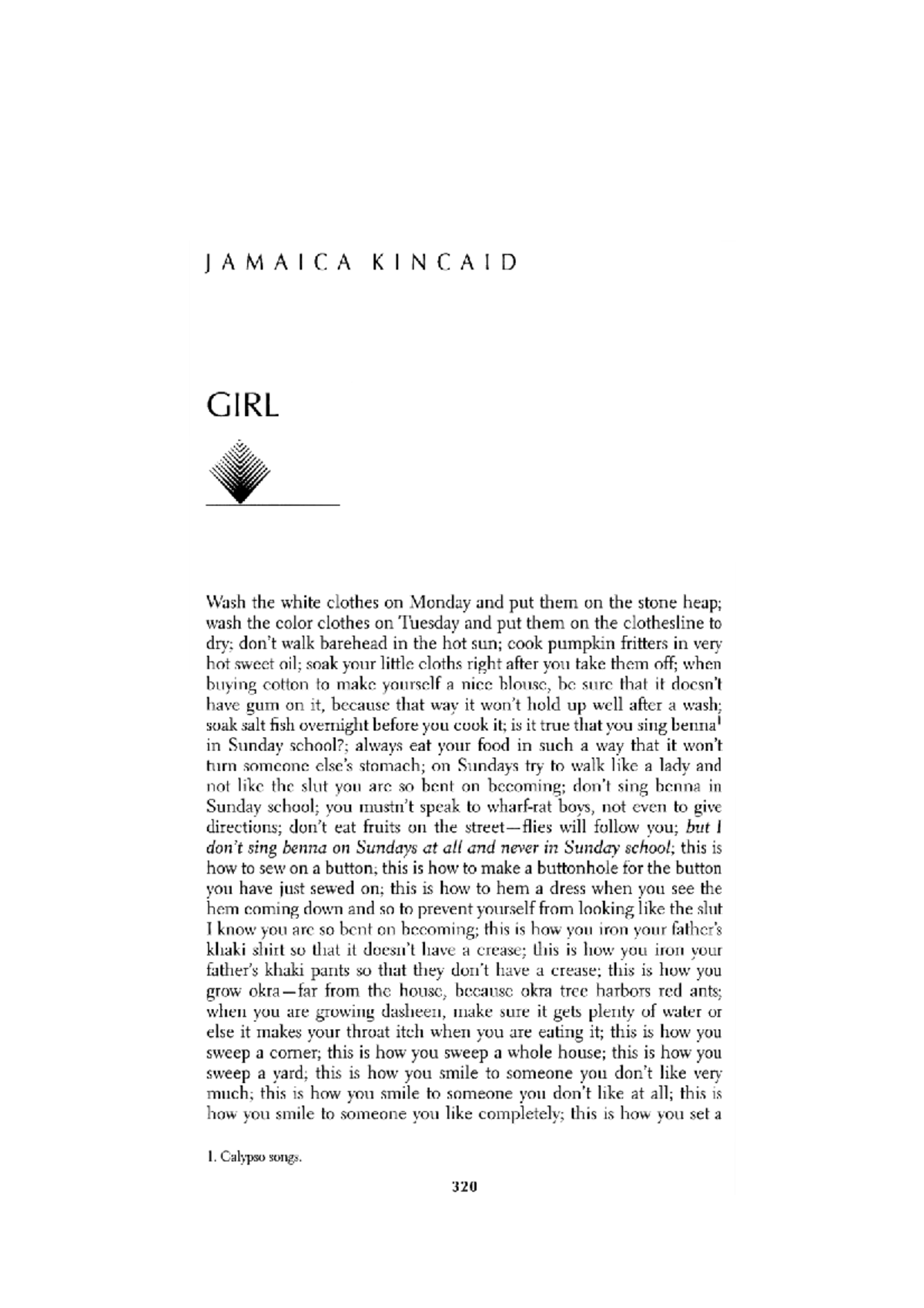 Girl - Jamaica Kincaid - short stories - The introduction to ...