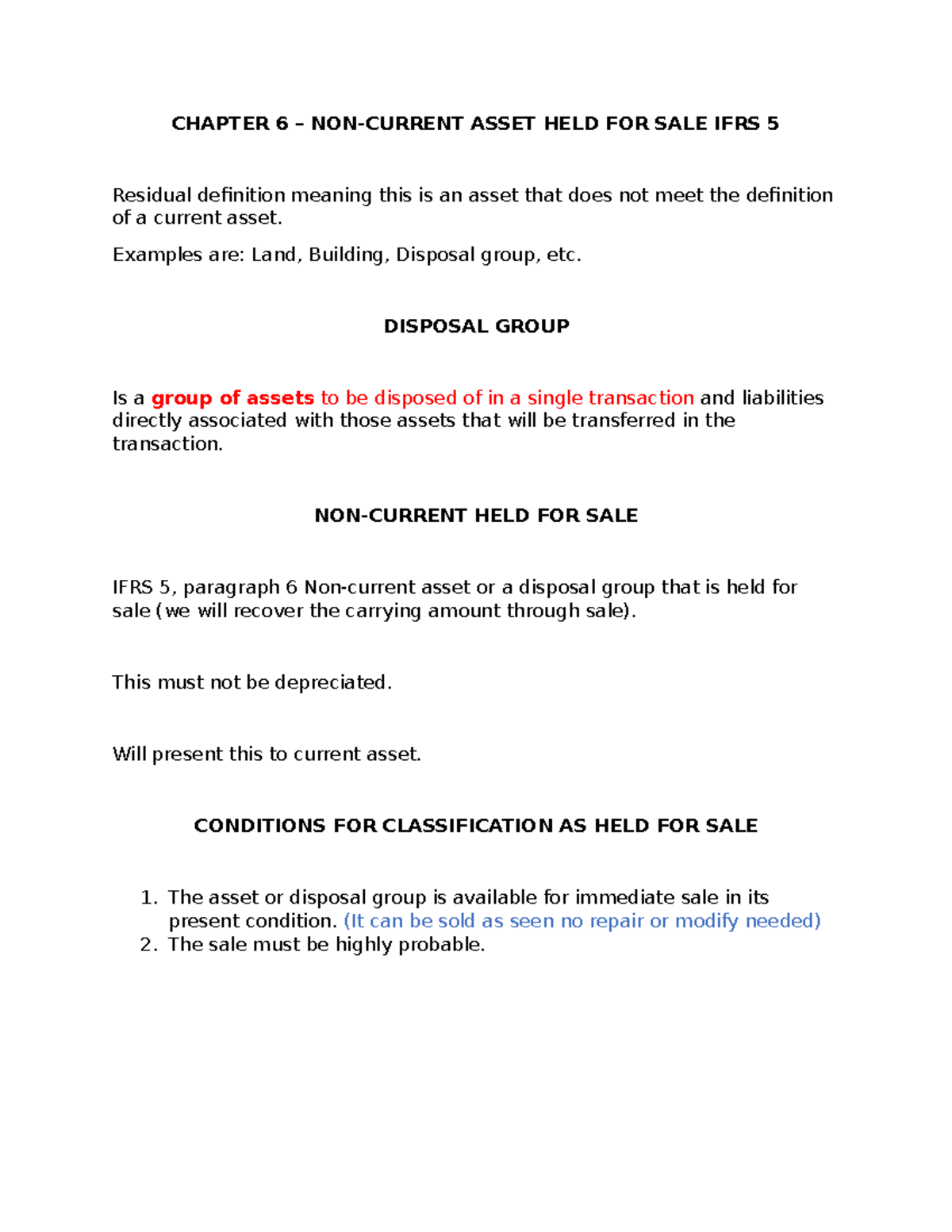 Chapter 6 IFRS 5: Non-Current Asset Held for Sale Notes - Studocu