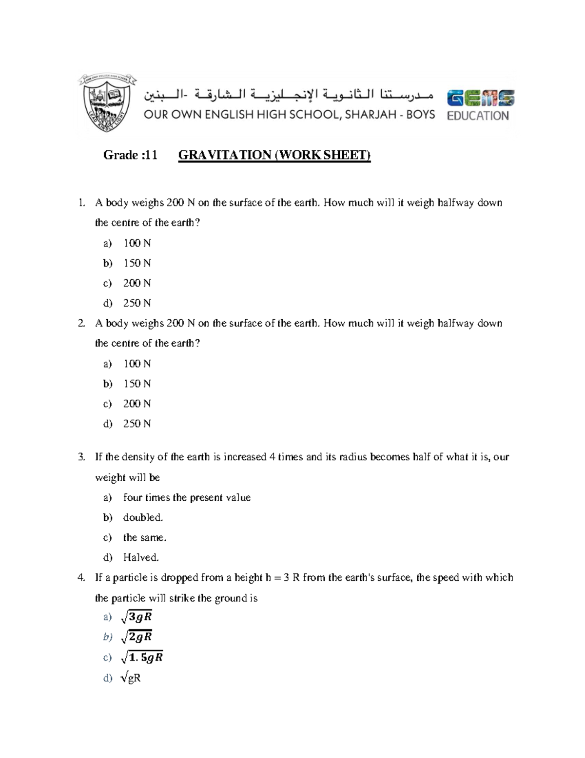 Grade 11 Physics: Gravitation Worksheet (Work Sheet) - Studocu