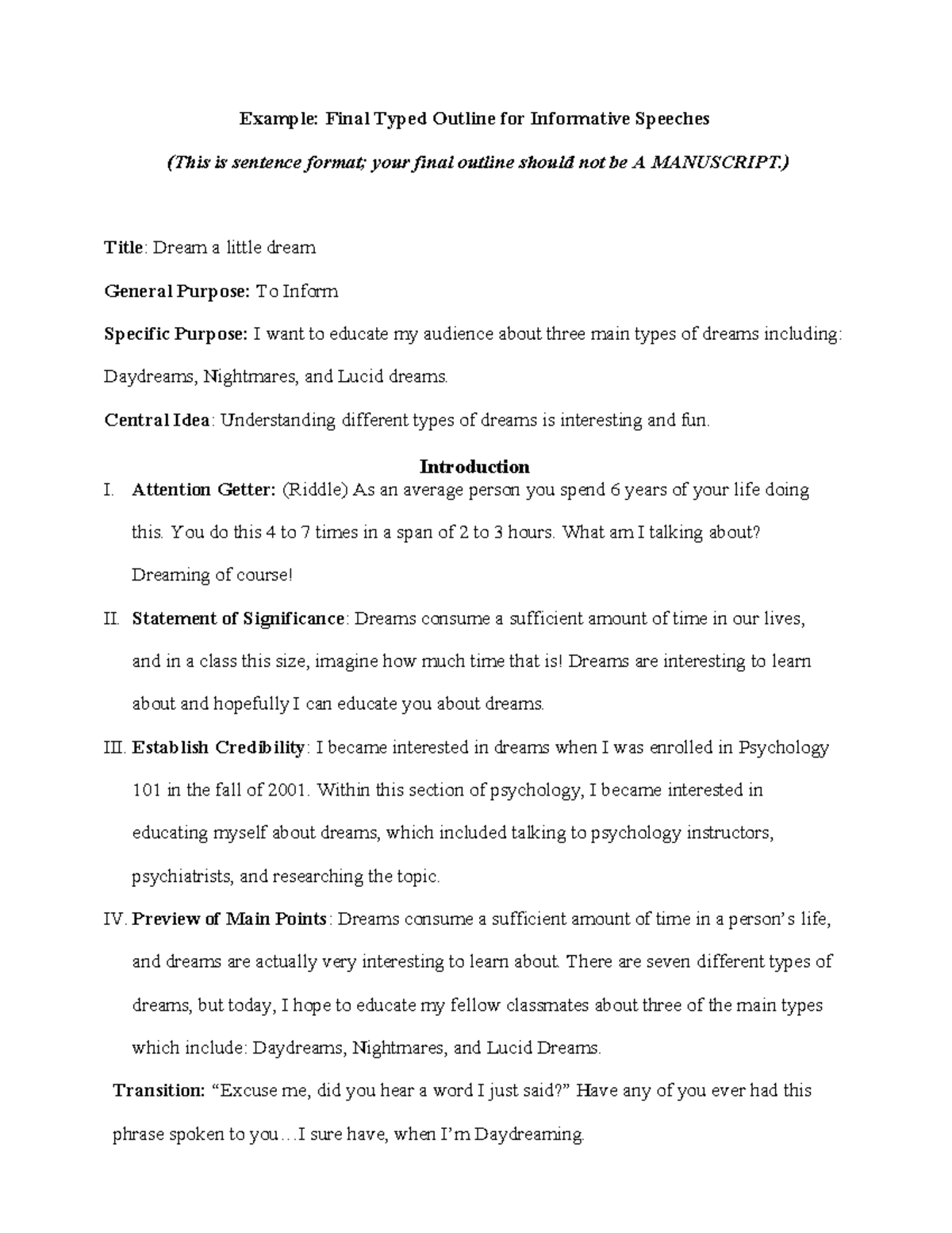 Sample Informative Speech Outline 1: Types of Dreams (ADA 2023) - Studocu