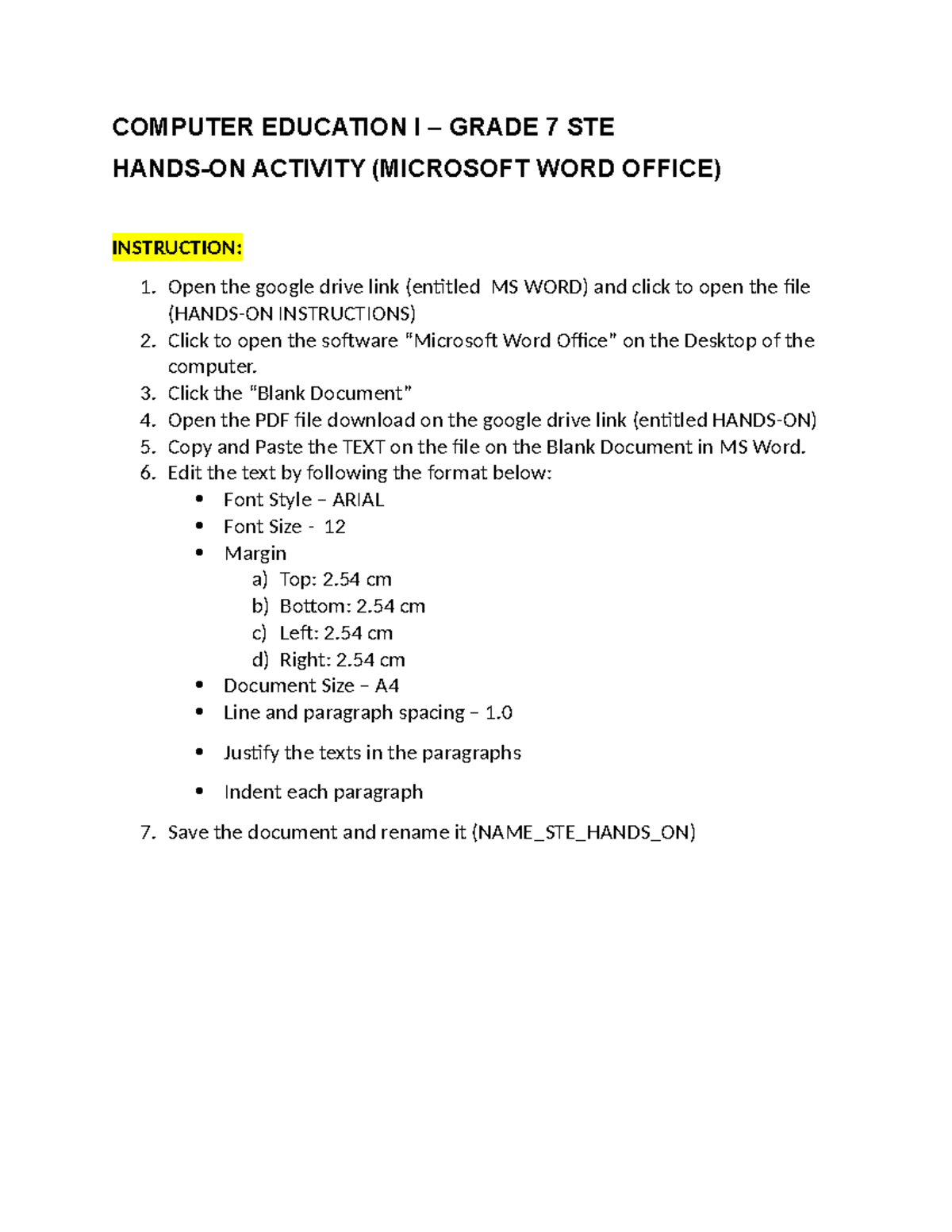 Grade 7 STE: Hands-On Instructions for Microsoft Word Activity - Studocu