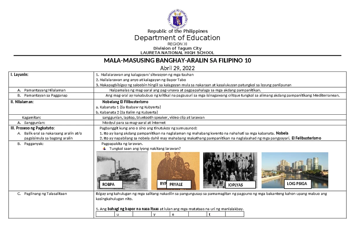 DLL Filipino 10 - Q3 Weekly Lesson Plan on Literary Works - Studocu