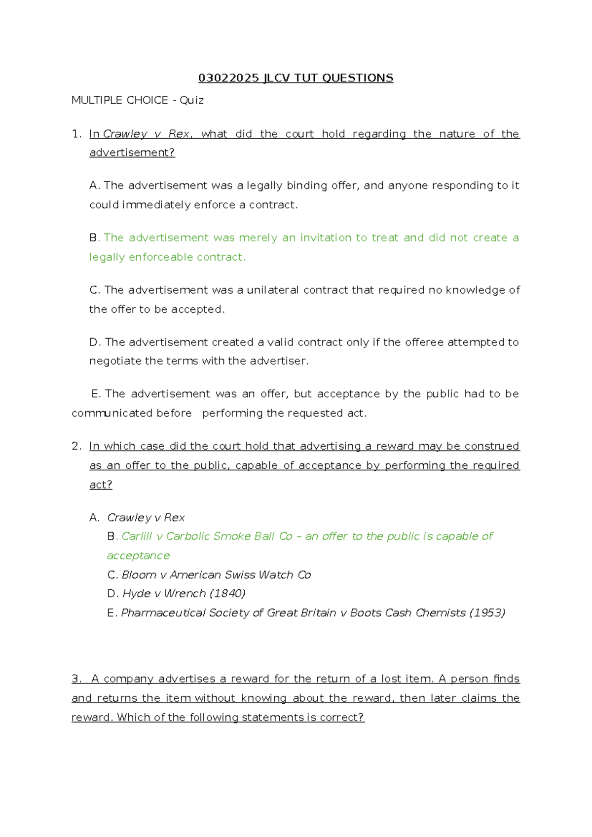 03022025 JLCV TUT QUESTIONS MULTIPLE CHOICE Quiz 1 - Offer & Acceptance ...