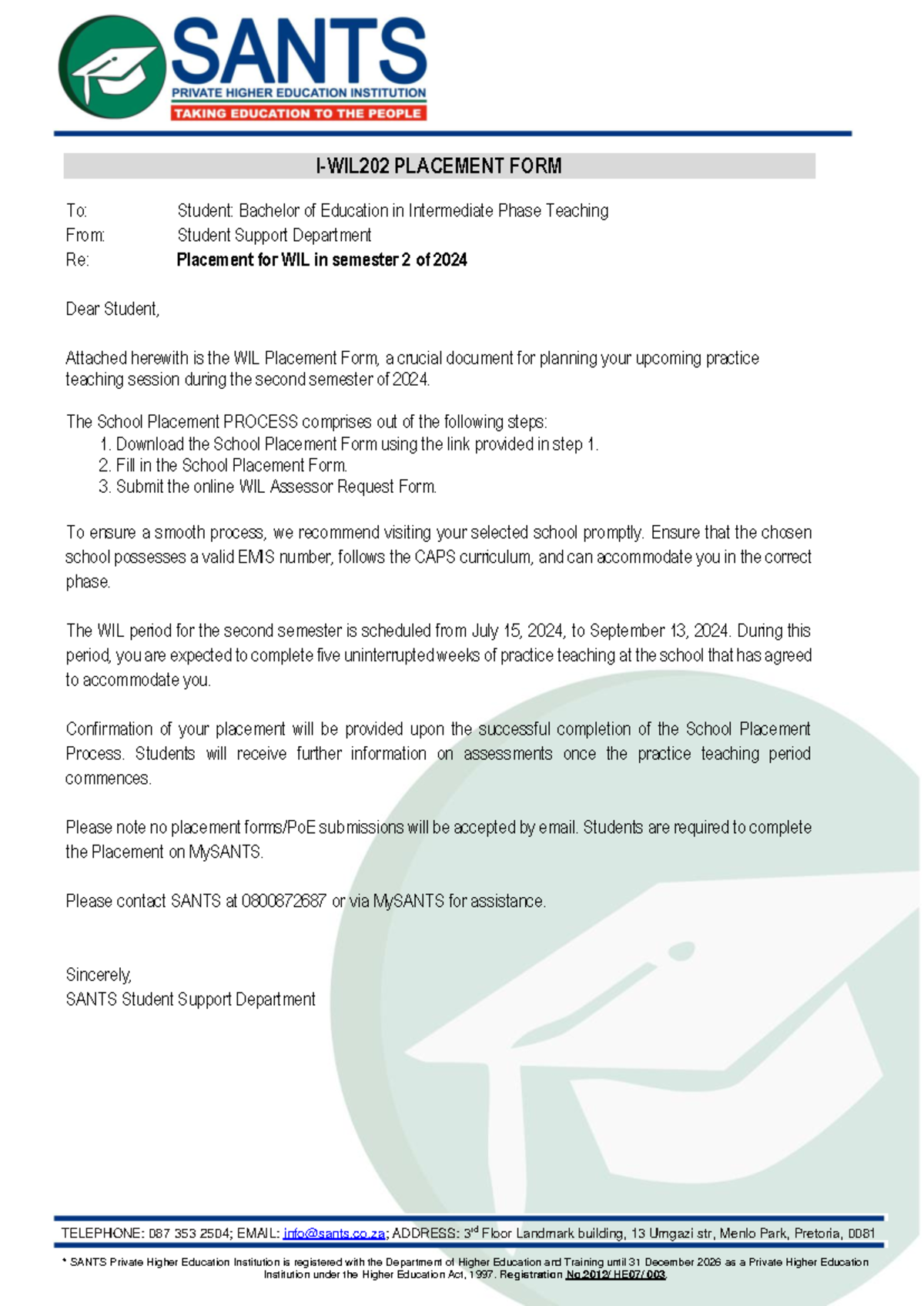I-WIL202 Placement Form for Semester 2 of 2024 at SANTS - Studocu