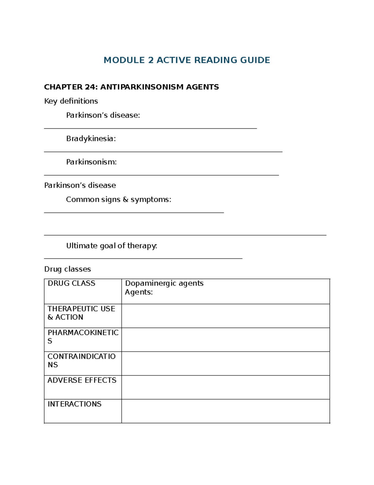 Module 2 Active Reading Guide: Antiparkinsonism & Adrenergic Agents ...