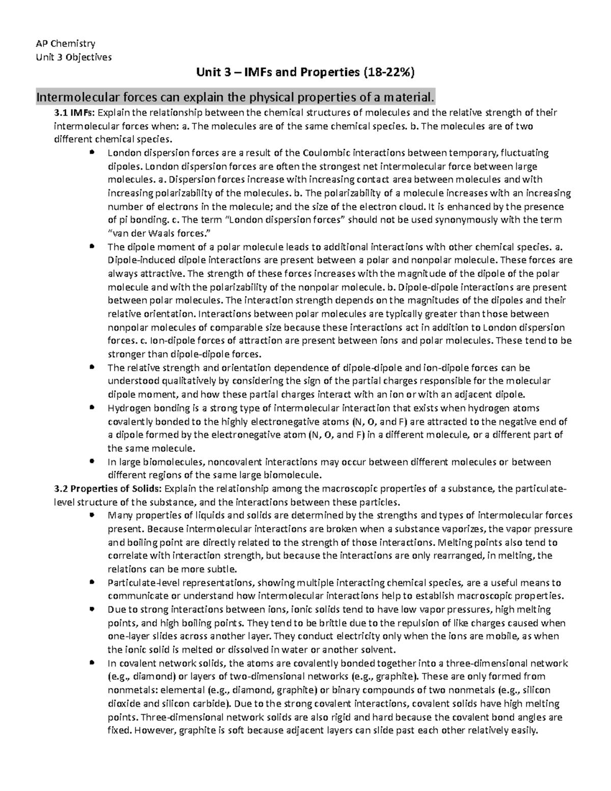AP Chemistry Unit 3: Intermolecular Forces & Properties Summary - Studocu