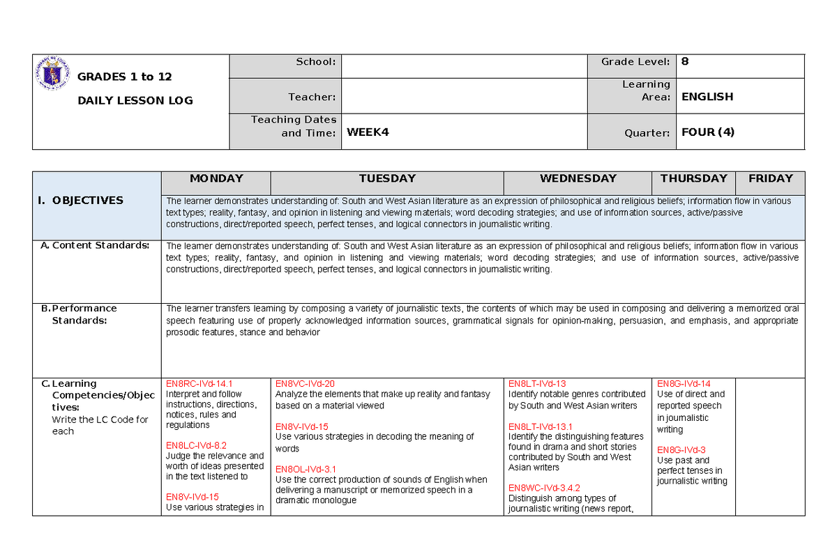 451250560 DLL Eng8 4th Q Week 4 1 - GRADES 1 to 12 DAILY LESSON LOG ...