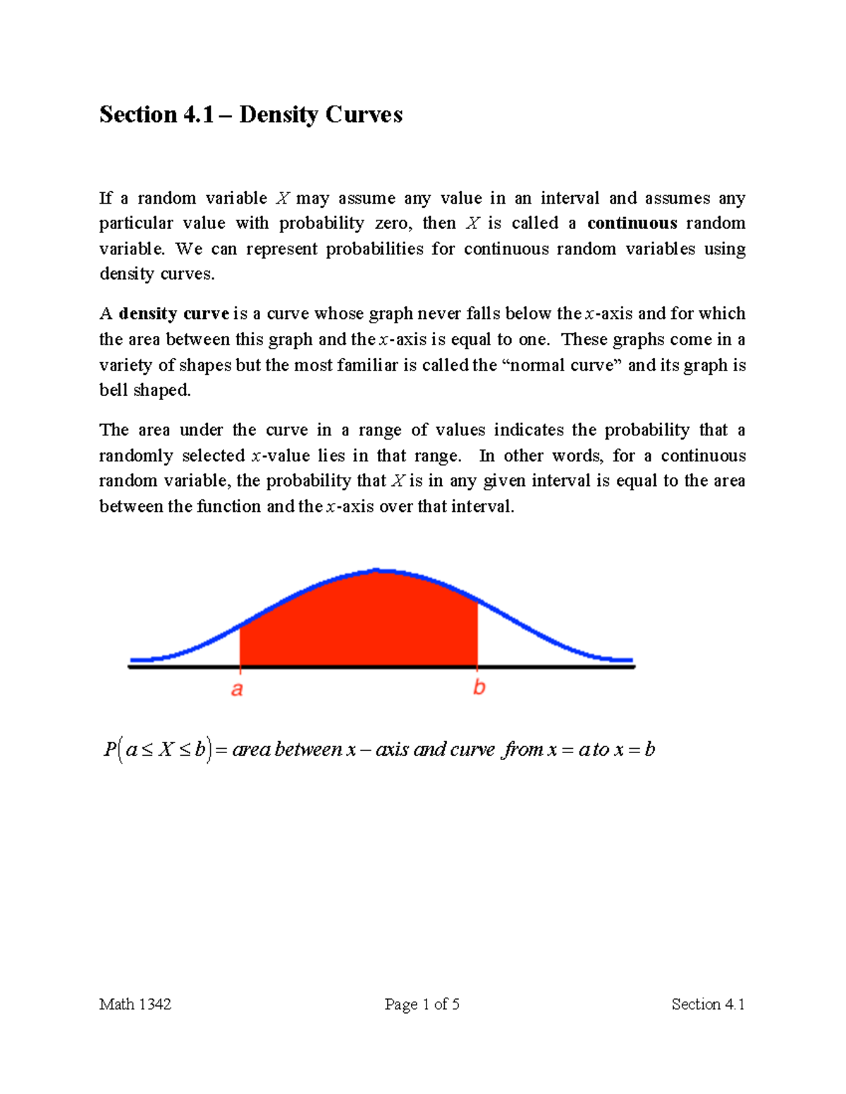 Math 1342 Final Exam Review: Continuous Random Variables & Density ...
