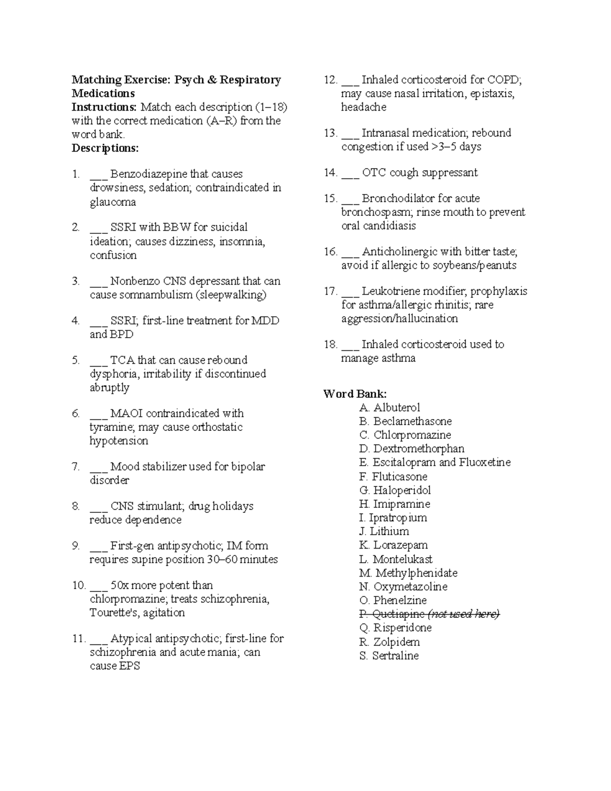 Pharm Exam 3: Matching Exercise on Psych Respiratory Meds - Studocu