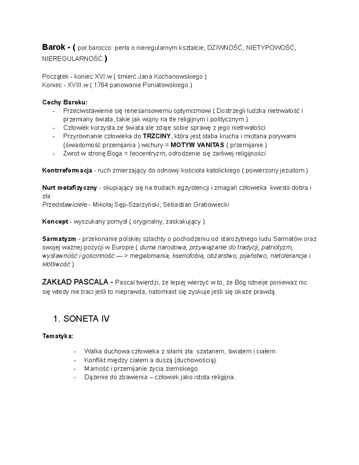 Barok w Polsce: Cechy, Tematyka i Dualizm w Literaturze - Studocu