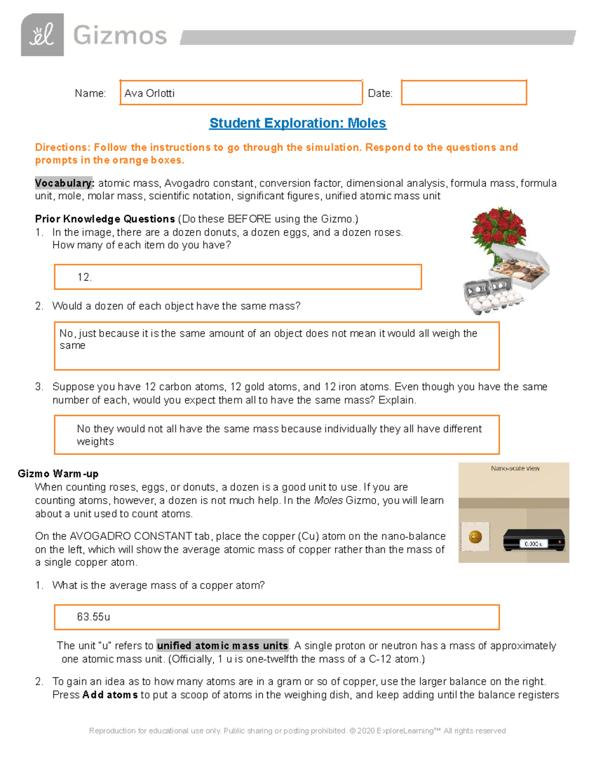 Moles SE: Student Exploration Answer Key for Gizmo Activities - Studocu