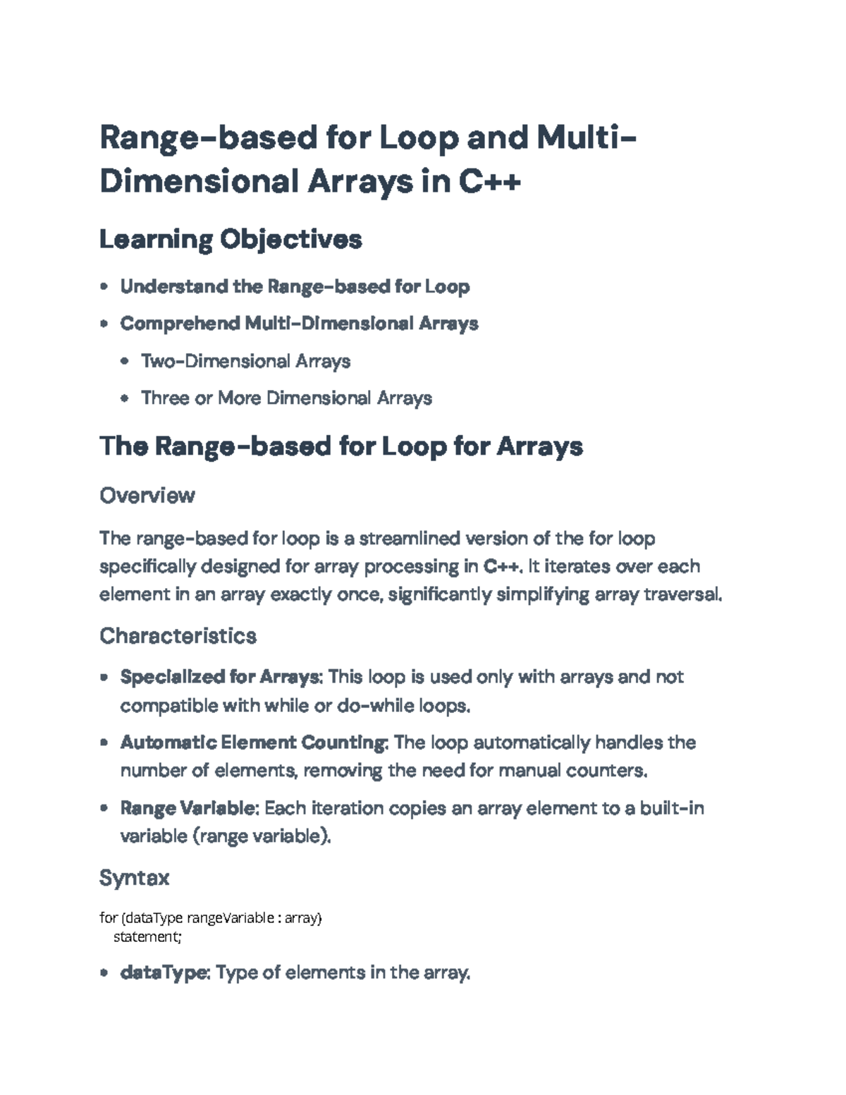 C++ Programming (CS101): Range-based For Loops & Multi-Dimensional Arrays - Studocu