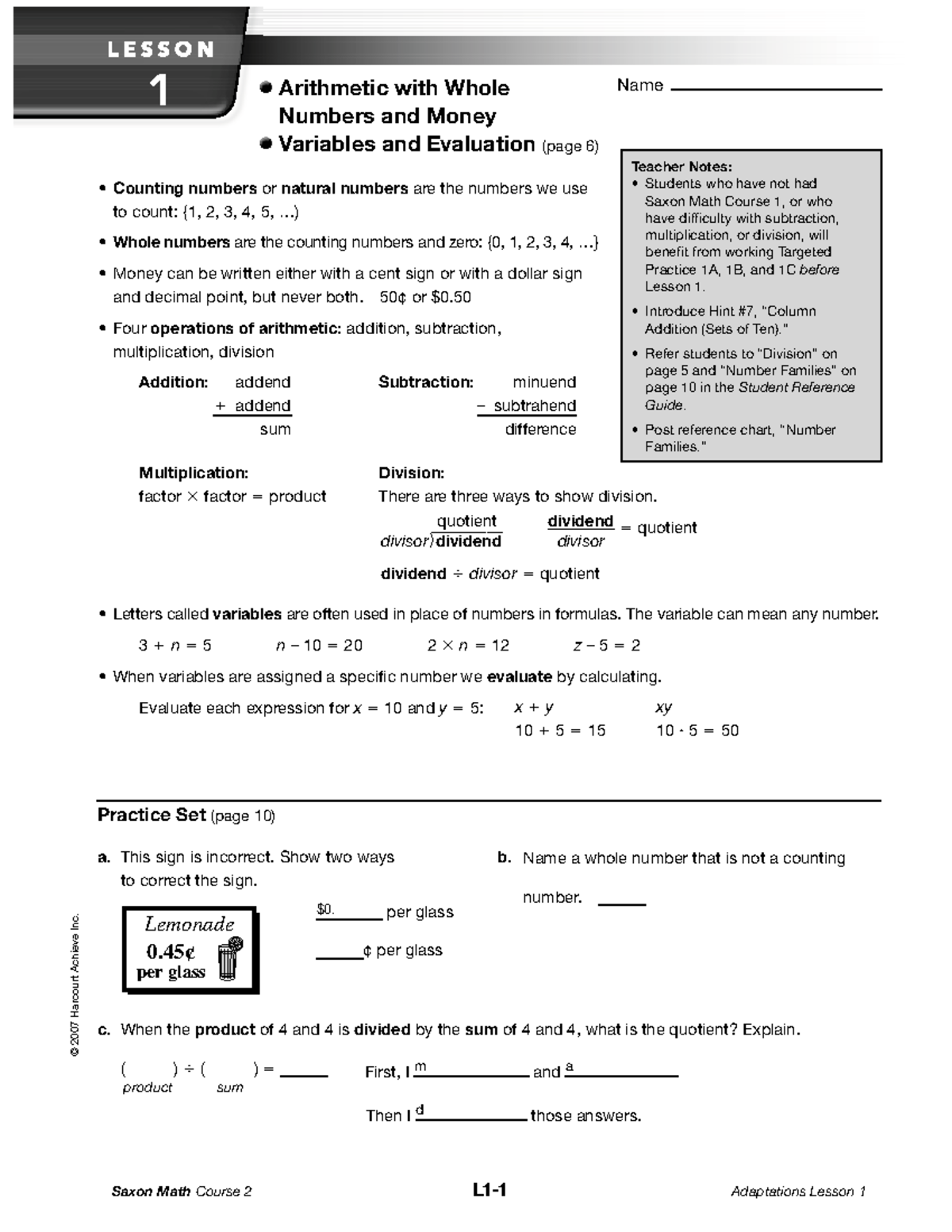 Saxon Math Course 2: Lesson 1 - Arithmetic with Whole Numbers and Money ...