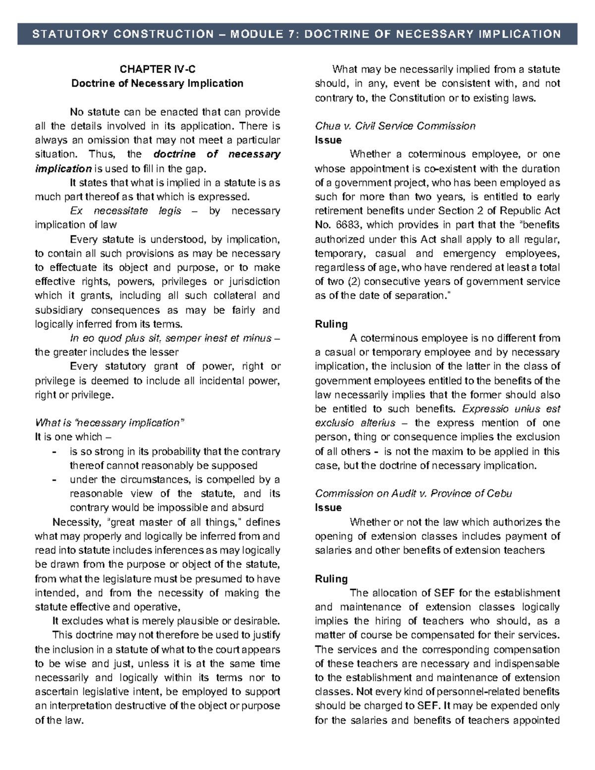 Statcon - Module 7 - Doctrine of Necessary Implication Lecture Notes ...