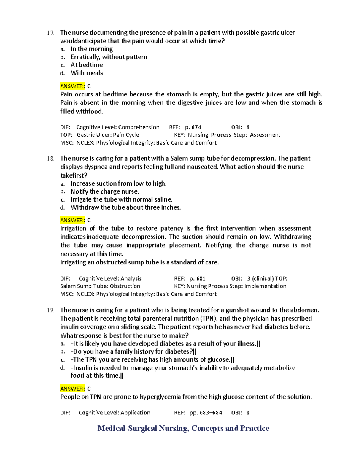Test Bank for Medical Surgical Nursing (5th Ed) - Pain Management & TPN ...