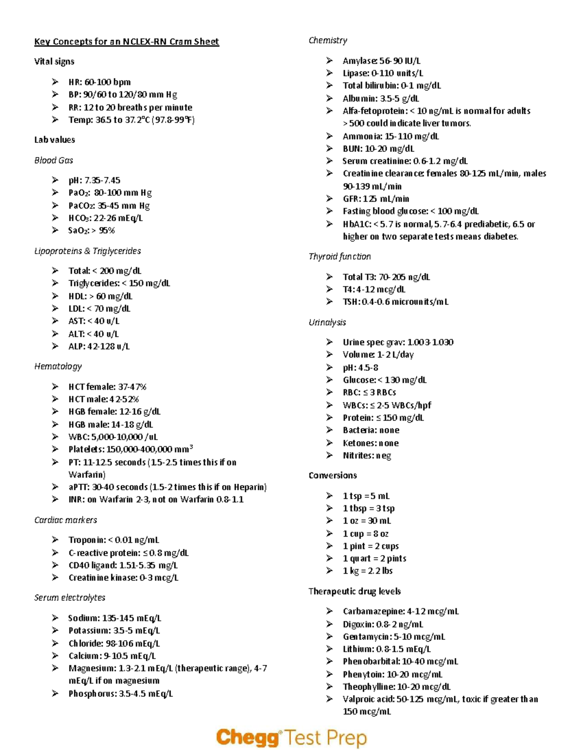NCLEX RN Cram Sheet: Key Concepts & Vital Signs Overview - Studocu