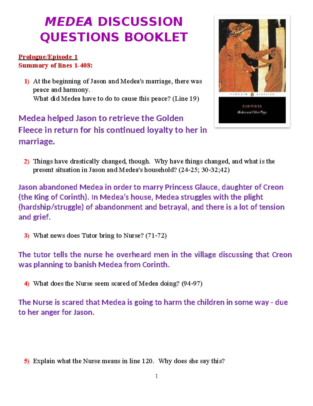 Medea Comprehension Questions and Answers for Analysis - Studocu