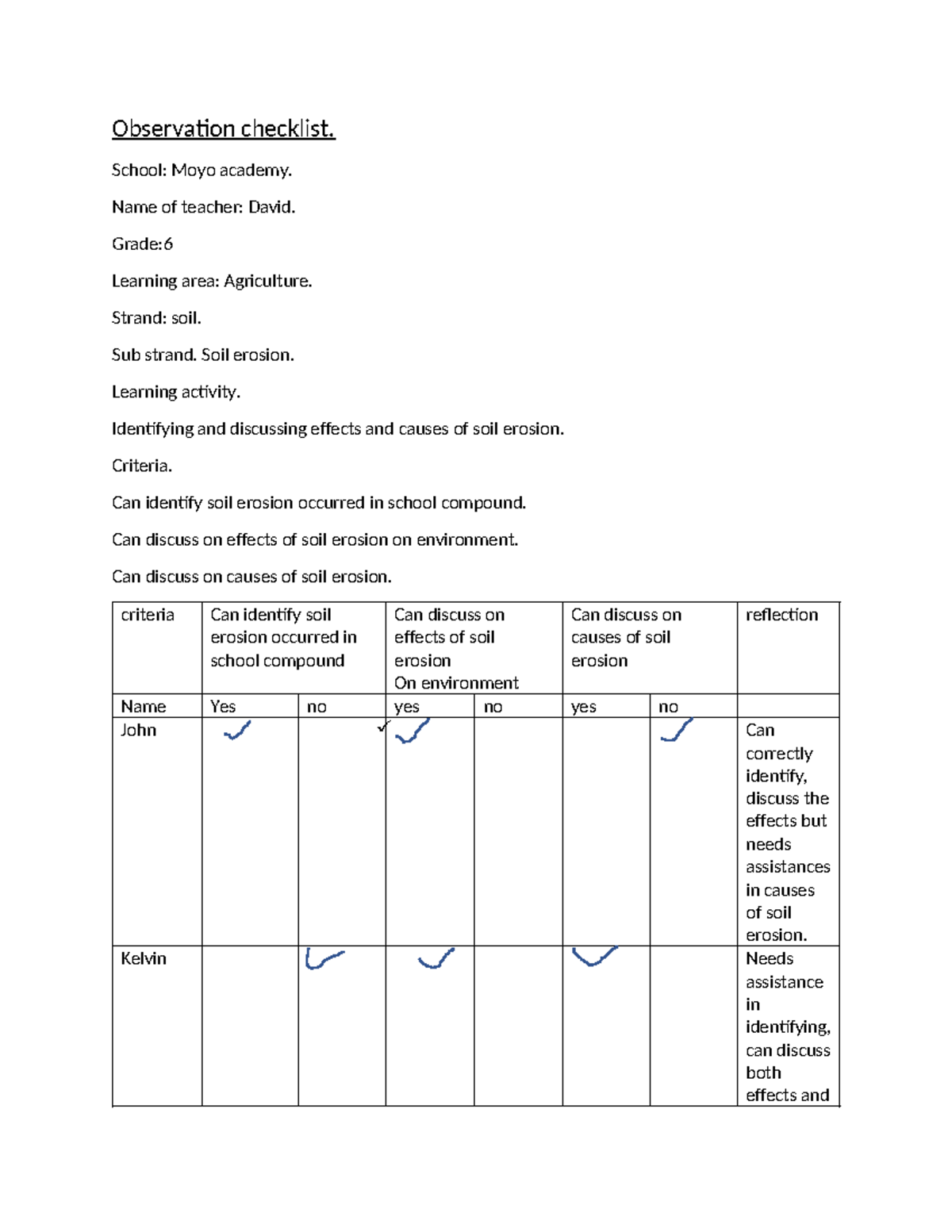 Observation Checklist: Soil Erosion in Agriculture (Grade 6) - Studocu